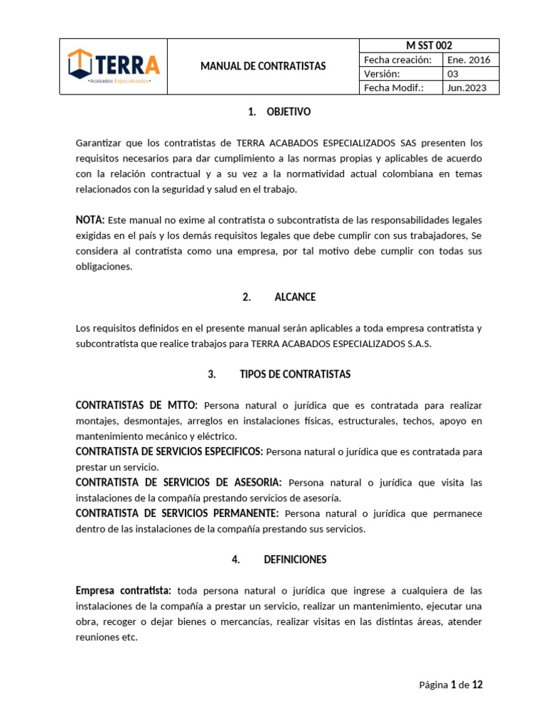 M SST 002 Manual de Contratistas | PDF | Valores | Business