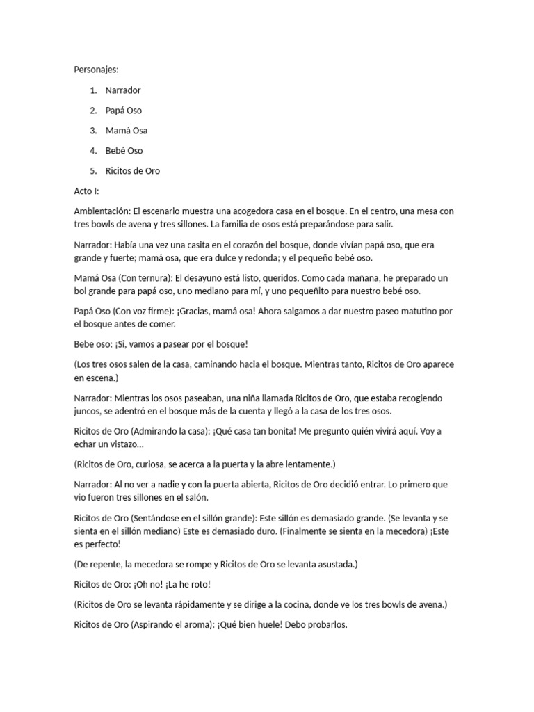 Obra Ricitos de Oro | PDF | Ricitos de oro y los tres osos | Osos