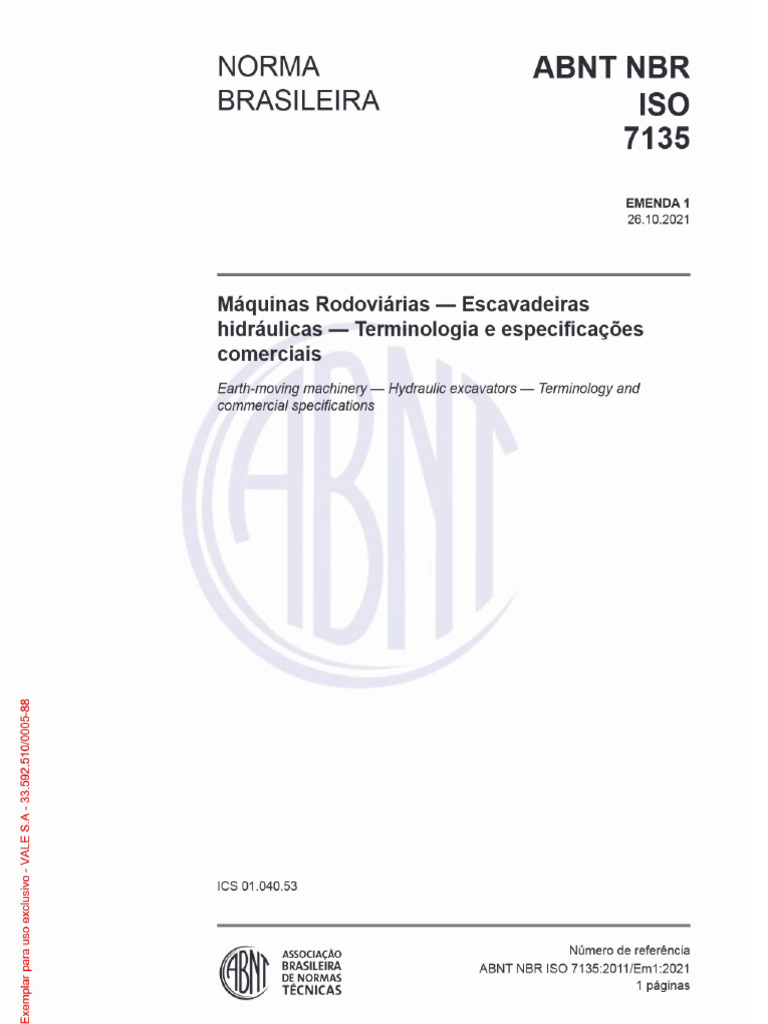 NBR ISO 7135 2011 Emenda 1 2021 Máquinas Rodoviárias - Escavadeiras Hidráulicas - Terminologia e ...