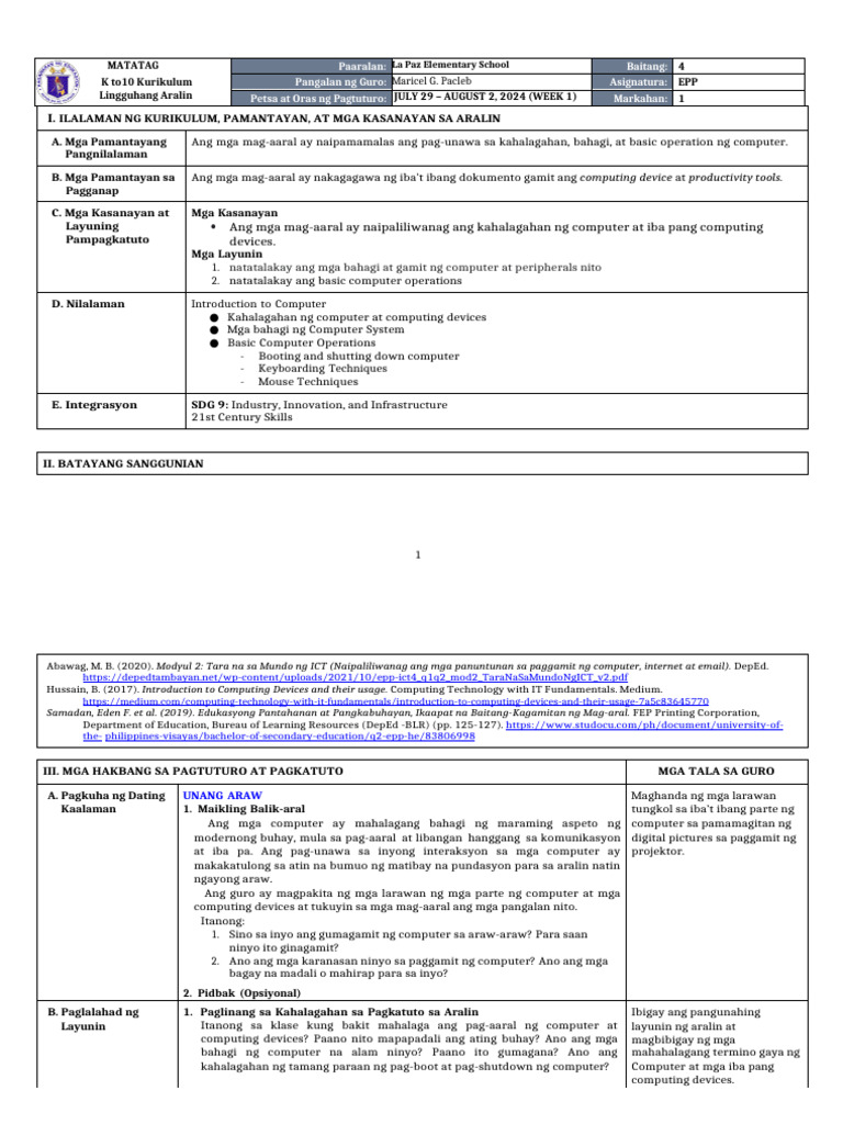 DLL Matatag - Epp 4 q1 w1 | PDF