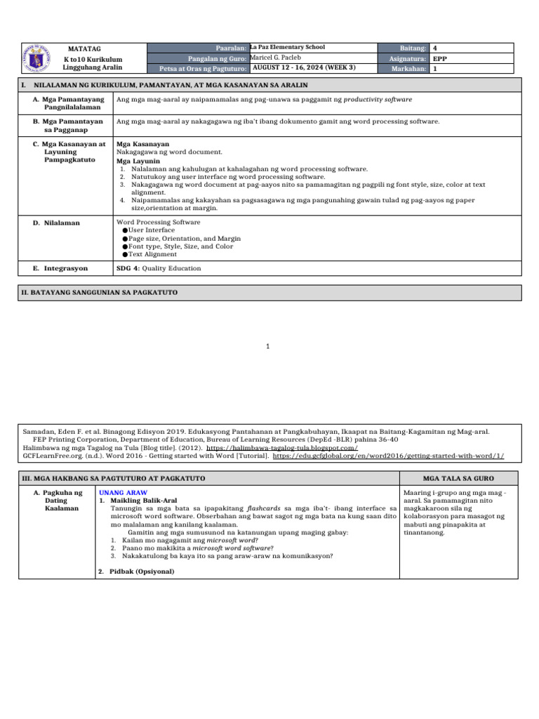 DLL Matatag - Epp 4 Q1 W3 | PDF