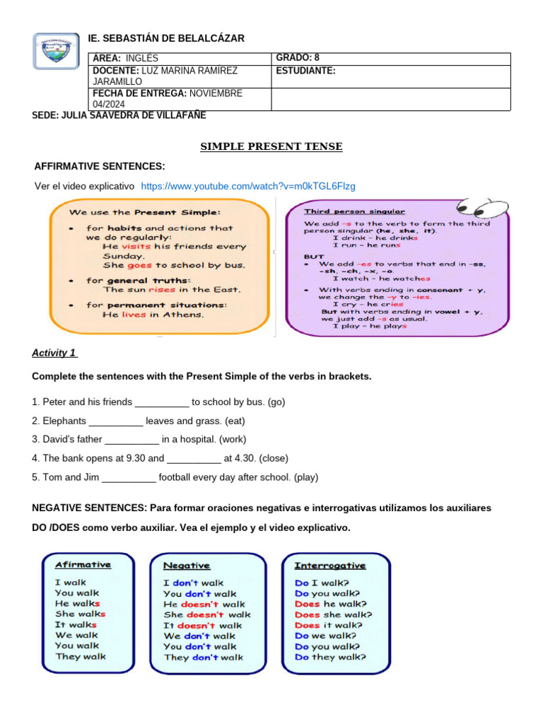Workshop 8 Simple Present 2024 | PDF | Workweek And Weekend | Linguistics
