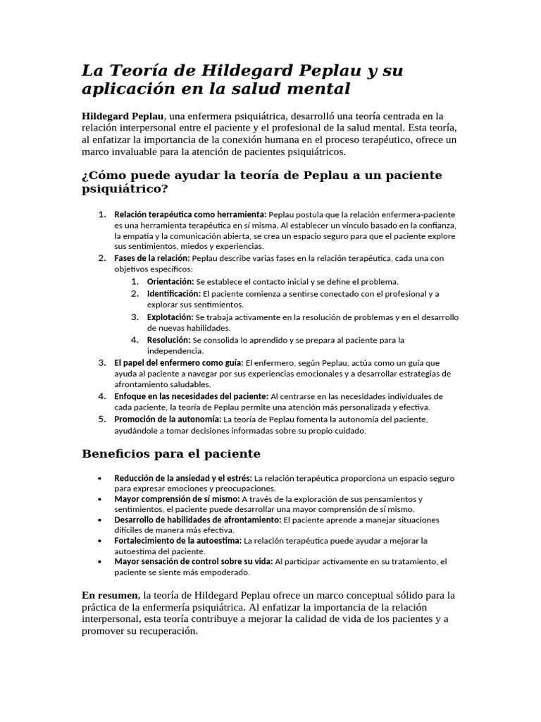 La Teoría de Hildegard Peplau y Su Aplicación en L | PDF | Enfermería | Salud mental