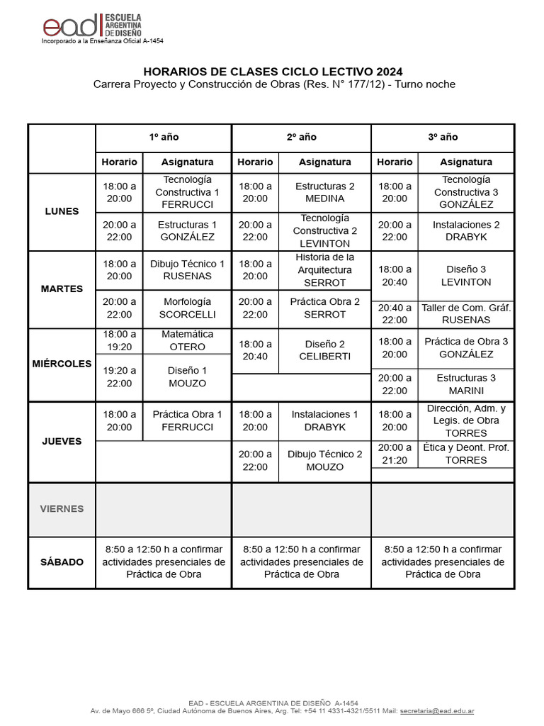 Horarios Clases Proyecto y Construcción 2024 | PDF | Ingeniería | Diseño