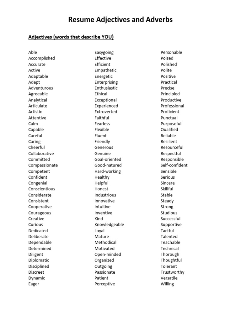 Resume Adjectives and Adverbs | PDF