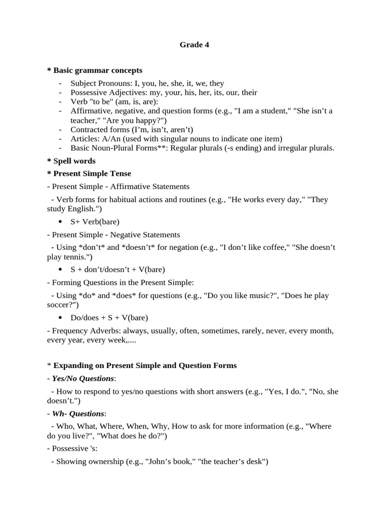 Grade 4 Grammar and Present Simple Exercises | PDF | Semantic Units ...