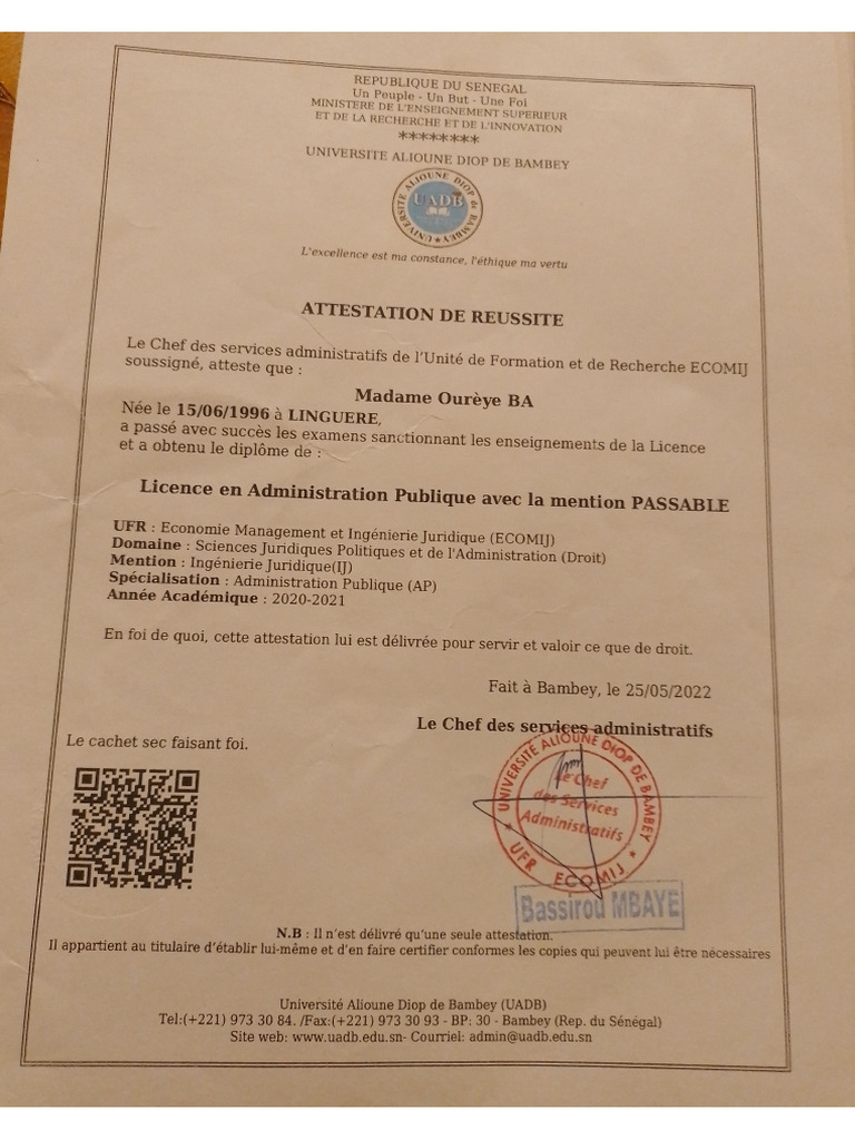 Certificat de Réussite Licence | PDF