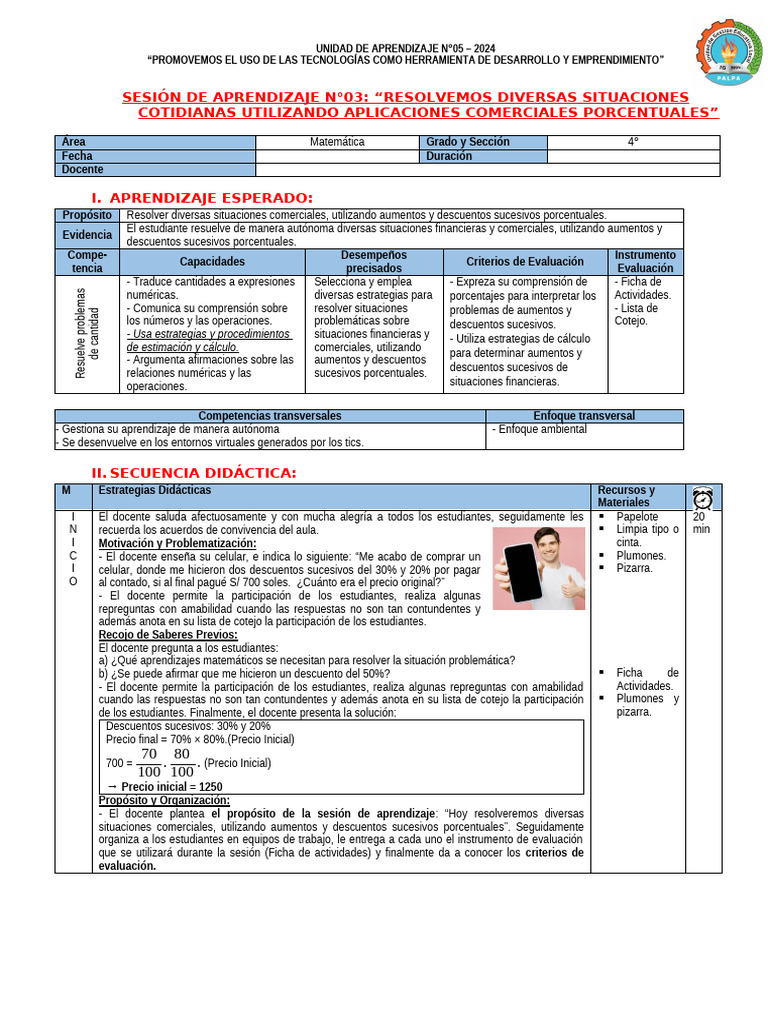 4°-Sesion 3-Ua5 - Sesión de Aprendizaje N°03: "Resolvemos Diversas Situaciones Cotidianas ...