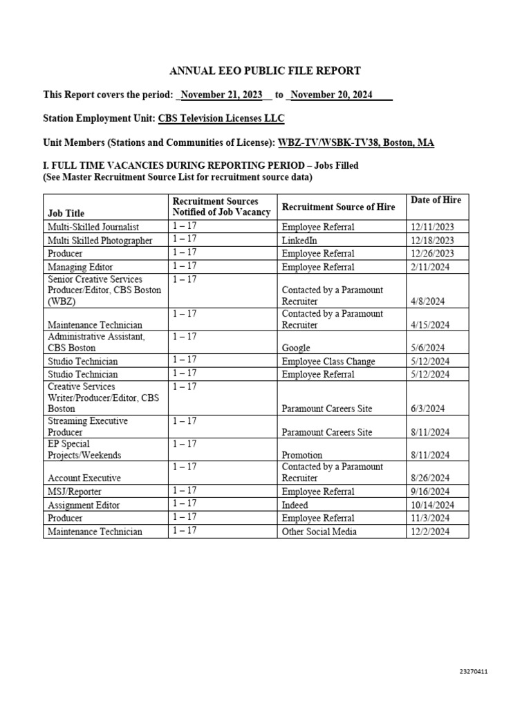 WBZ/WSBK Annual EEO Public File Report | PDF | Mentorship | Recruitment