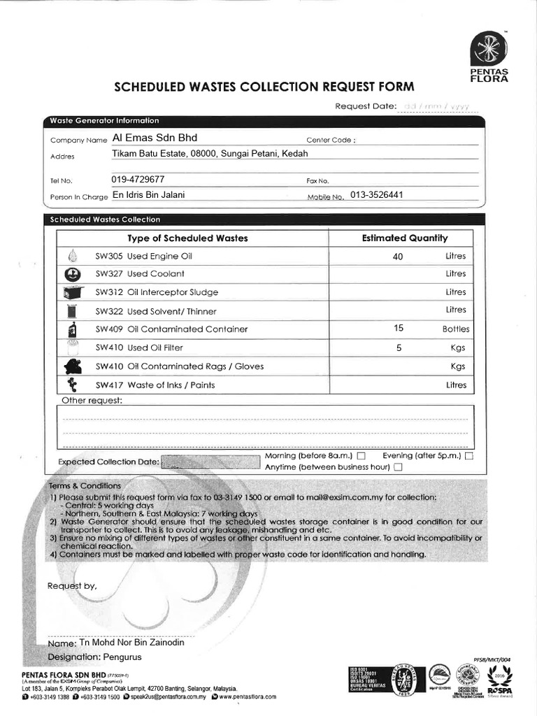 Schedule Waste Collection Form Tikam Batu Estate | PDF