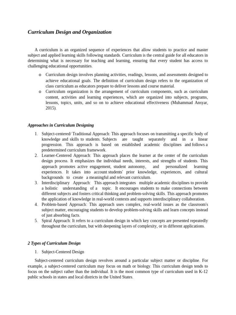 Curriculum Design: Approaches & Elements | PDF | Curriculum | Learning