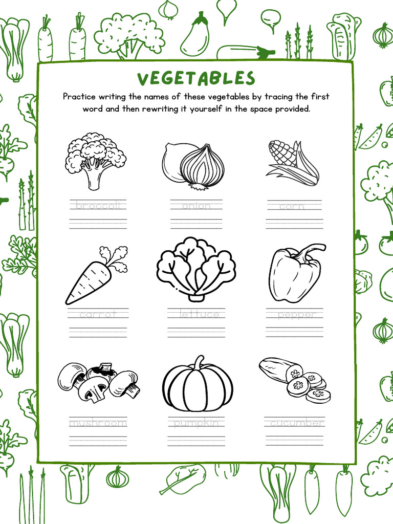 Green Illustrated Vegetable Vocabulary Worksheet | PDF