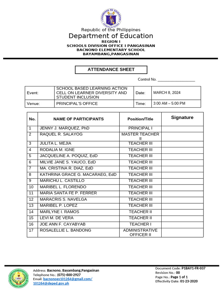Slac ATTENDANCE SHEET | PDF