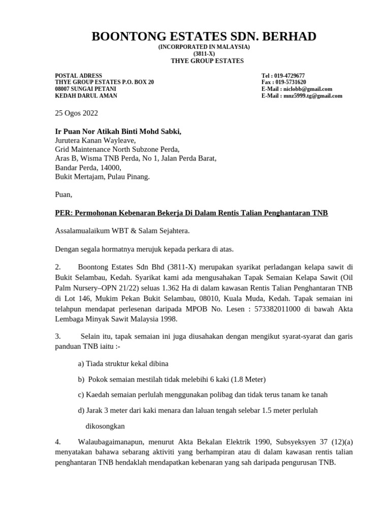 Surat Permohonan Kebenaran Bekerja Di Dalam Rentis Talian Penghantaran ...