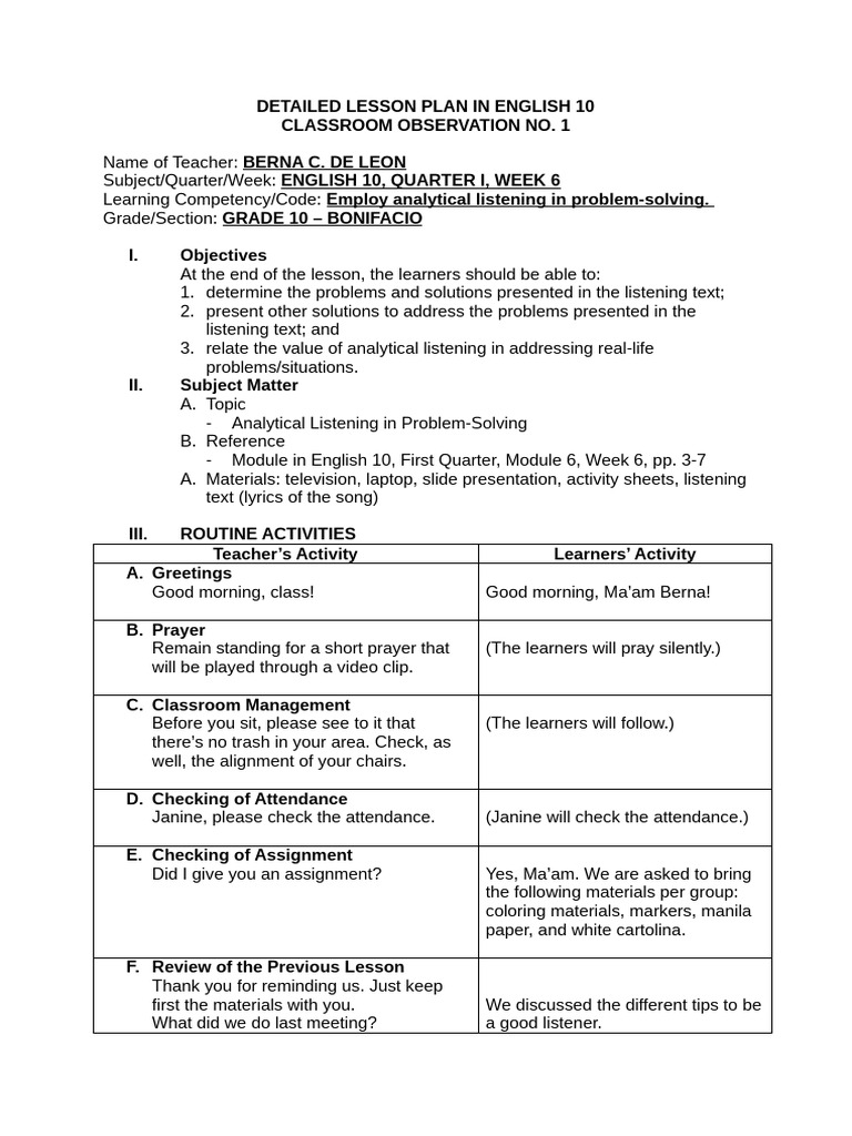 English 10 Lesson Plan: Analytical Listening | PDF