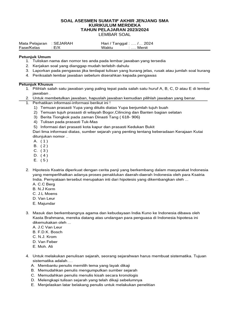 Soal - Sejarah - ASAS Genap 2024 - Kls X - Kurmer | PDF