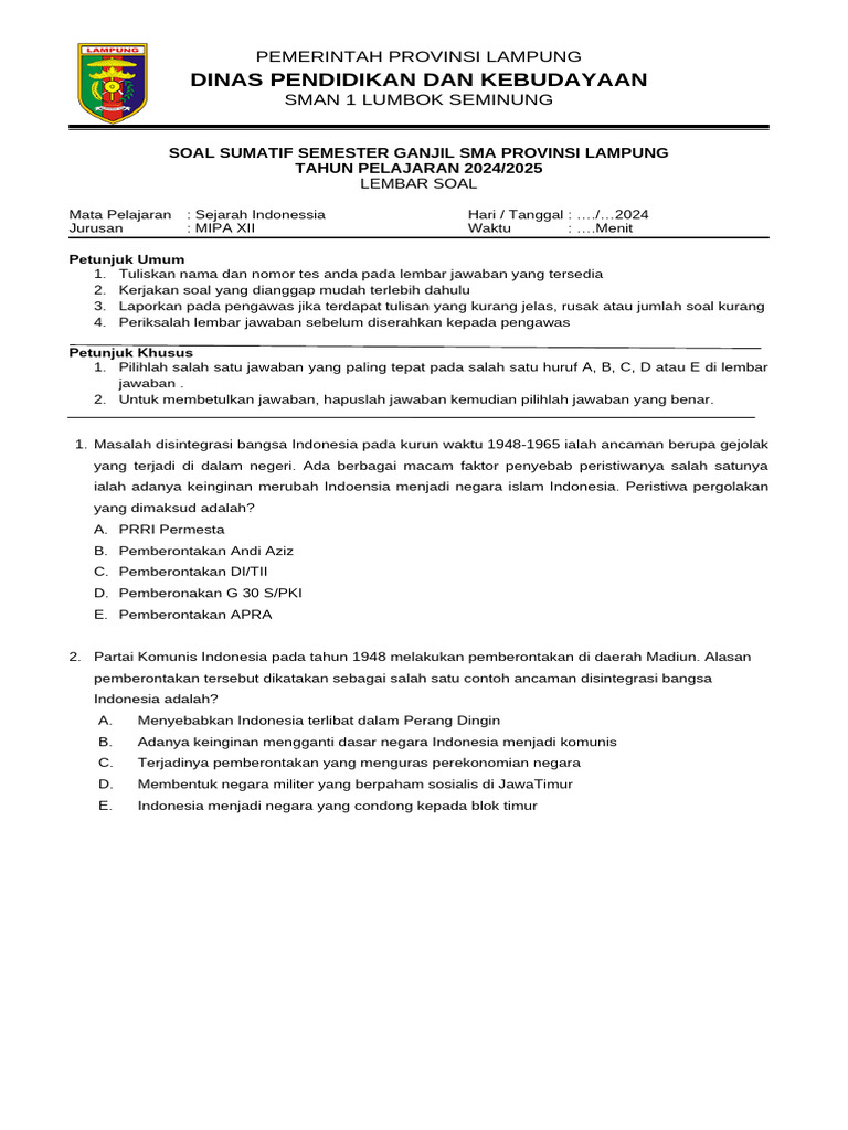 Sejarah Indonesia - Kelas XII - K13 - Soal - Paket A - MUHAMMAD RINALDY ...