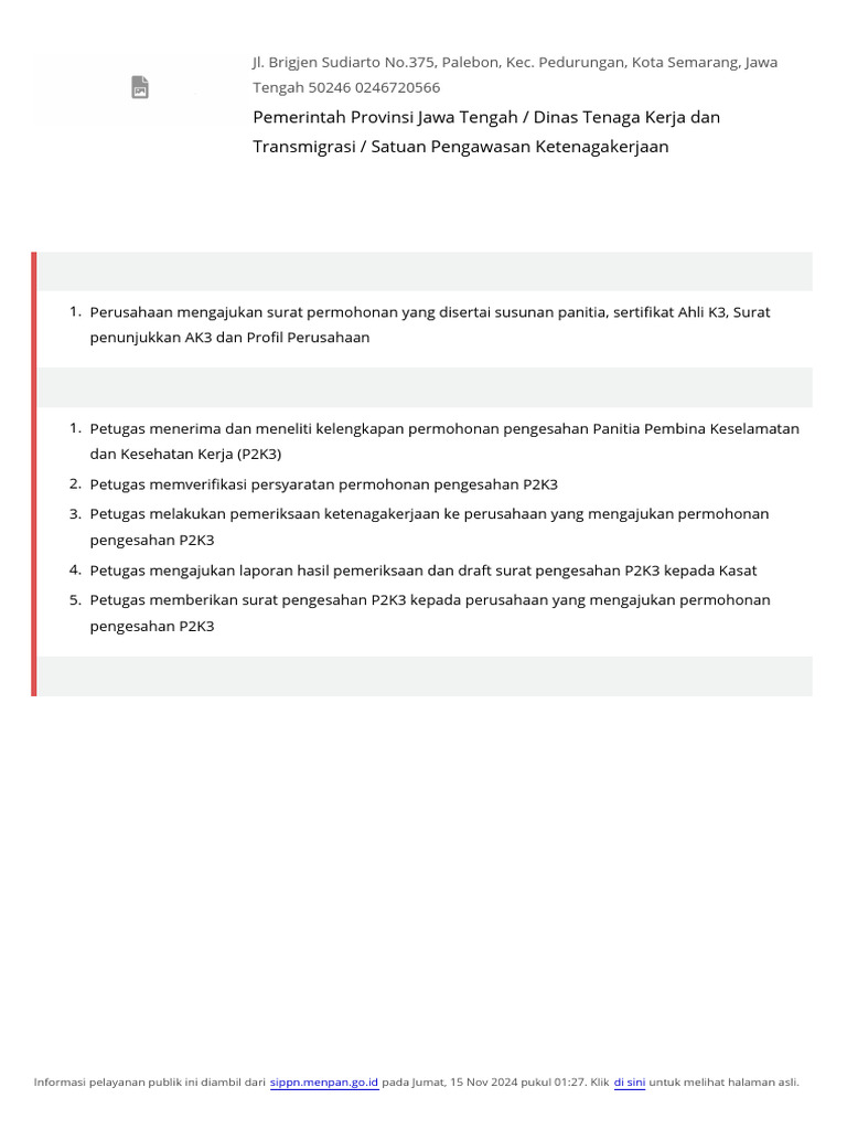 Unduh Standar Pelayanan - Pengesahan Panitia Pembina Keselamatan Dan Kesehatan Kerja (P2K3) | PDF
