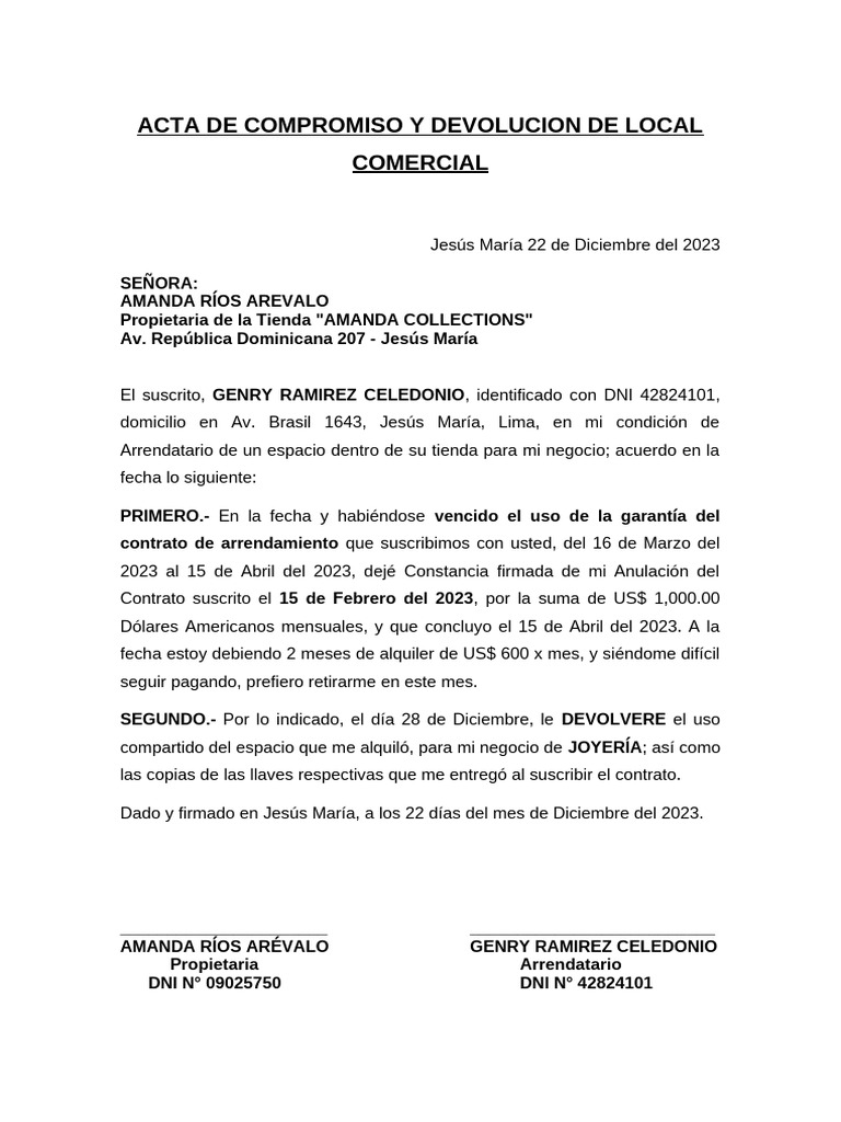 Acta de Compromiso y Devolucion de Local Comercial | PDF