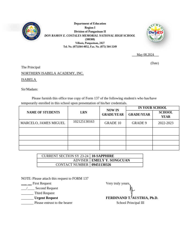 James Miguel Marcelo Form 137 Request | PDF