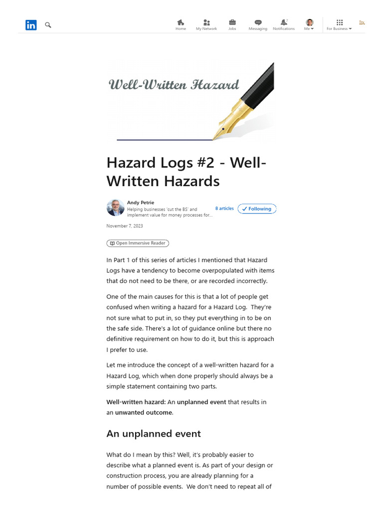 Andy Petrie Hazard Logs #2 - Well-Written Hazards | PDF | Hazards | Risk