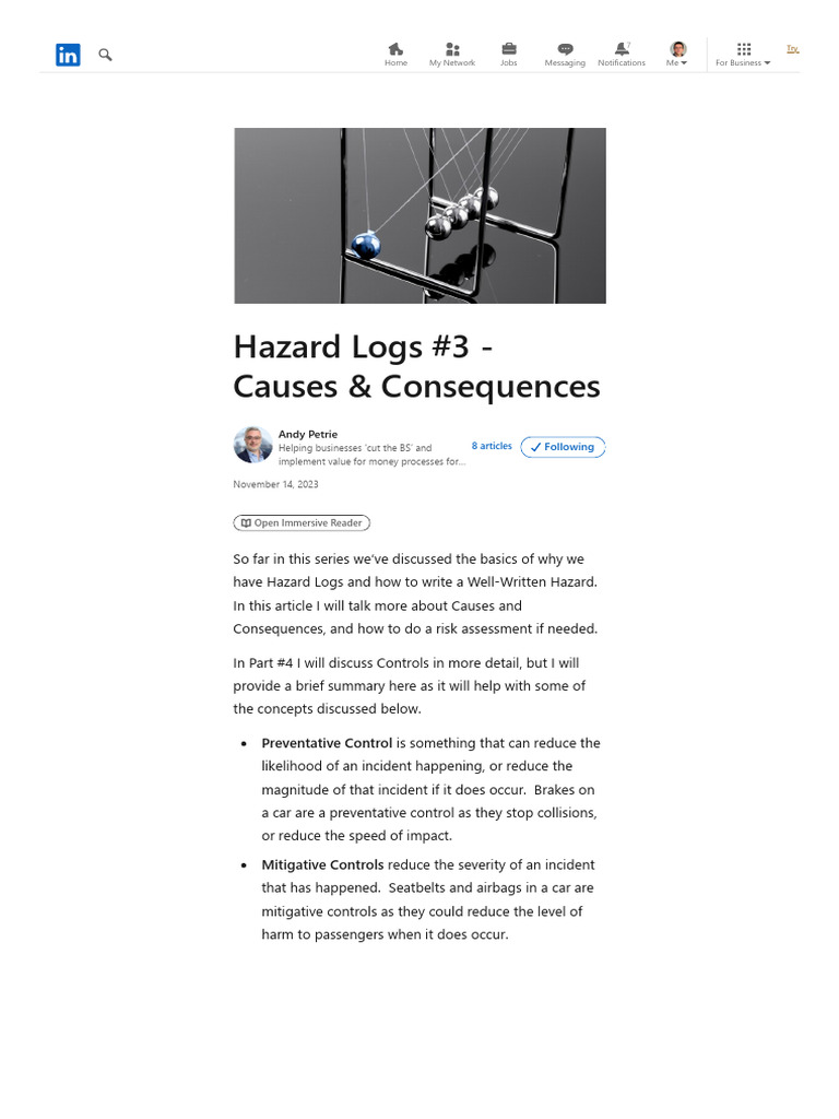 Andy Petrie Hazard Logs #3 - Causes and Consequences | PDF | Risk ...