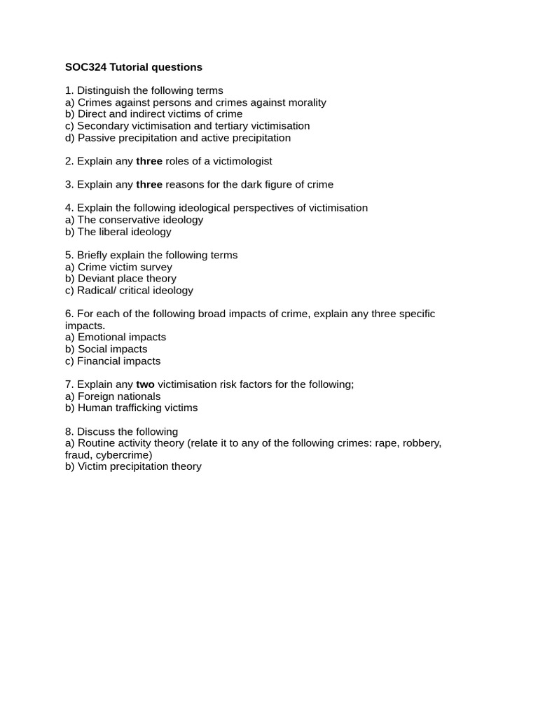 SOC324 Victimology Tutorial Questions | PDF
