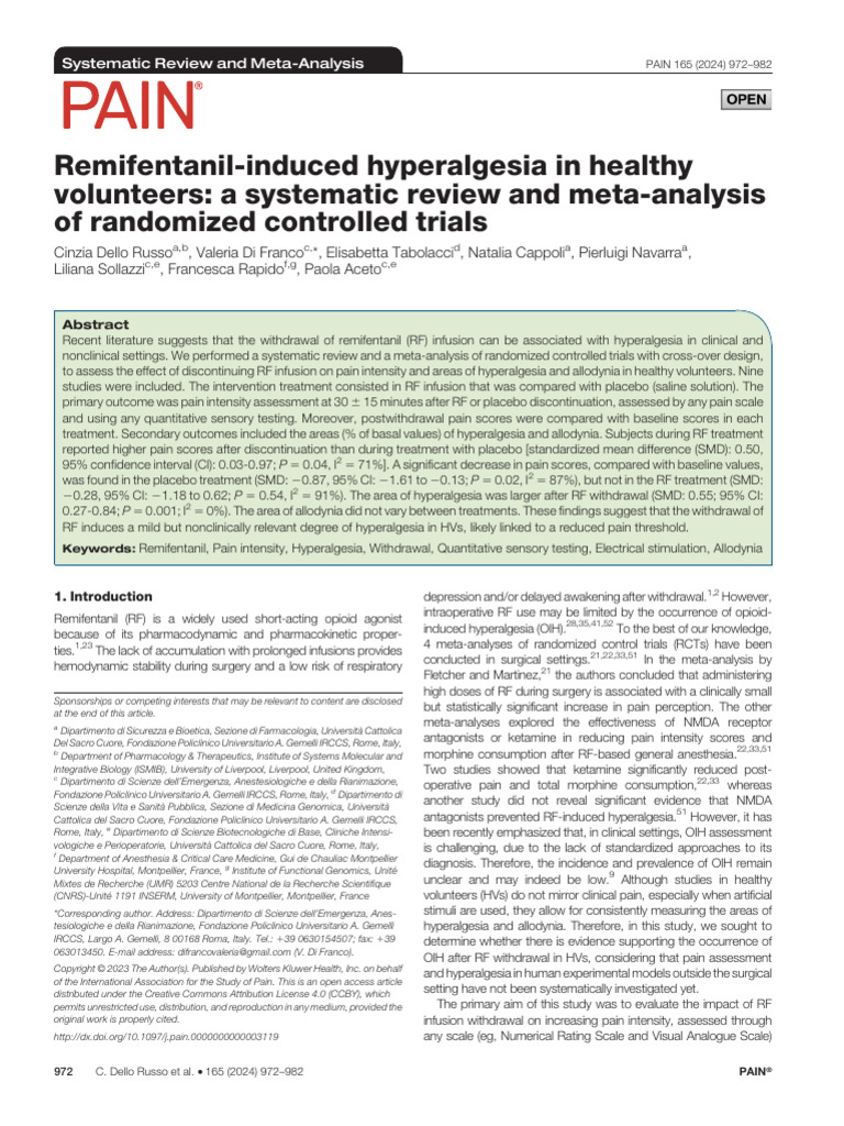 Remifentanil Withdrawal and Hyperalgesia | PDF | Pain | Randomized ...
