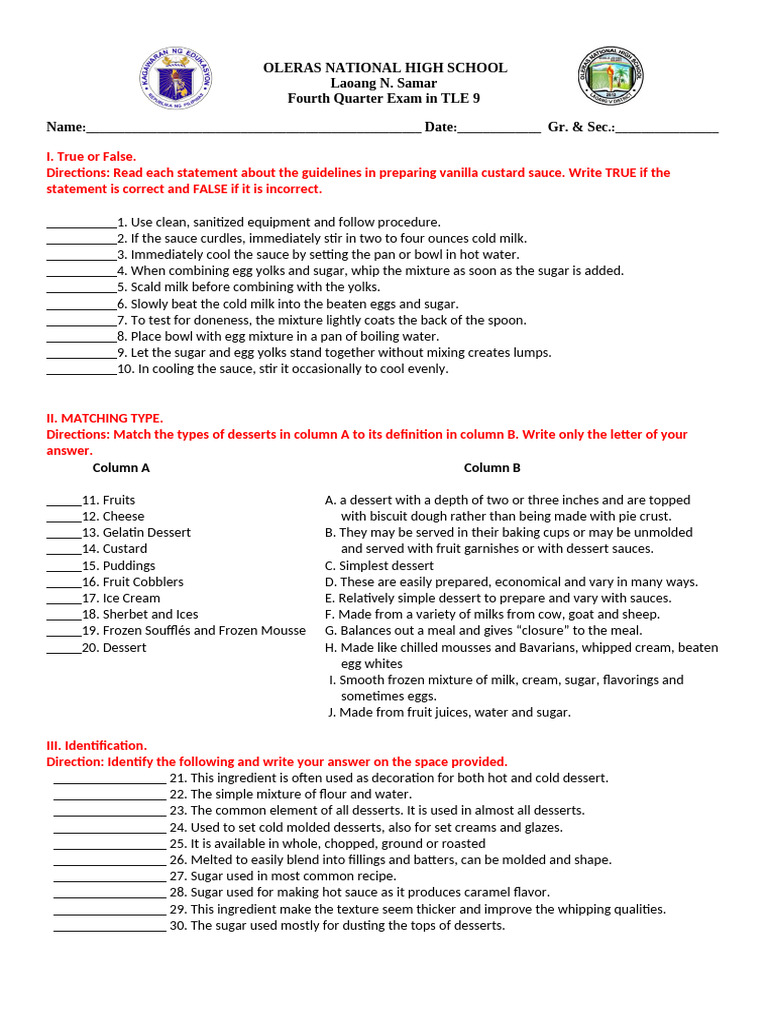 TLE 9 Fourth Quarter Exam Guide | PDF | Desserts | Custard