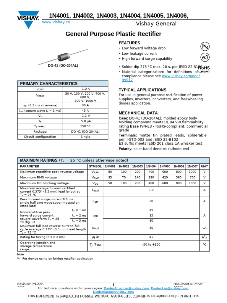 1N4001, 1N4002, 1N4003, 1N4004, 1N4005, 1N4006, 1N4007 General Purpose Plastic Rectifier | PDF ...