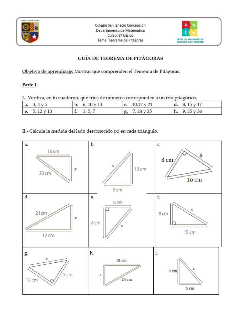 Guía del Teorema de Pitágoras 8º Básico | PDF | Matemáticas