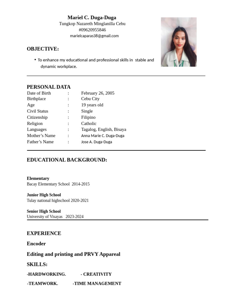 Job Application of Mariel C. Duga-Duga | PDF