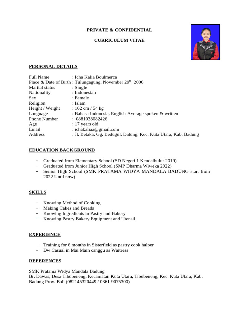 Icha Kalia Boulmerca - SMK Pratama Widya Mandala Badung. CV | PDF