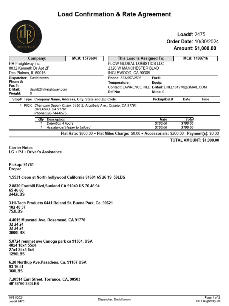 Load Confirmation & Rate Agreement #2475 Date-10.31.2024 | PDF ...