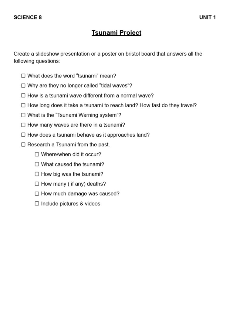 Tsunami Project Guidelines for Class 8 | PDF