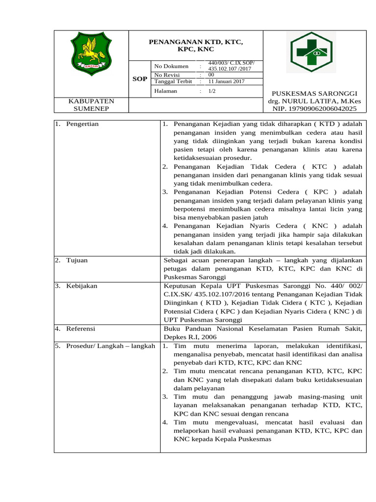 Sop Penanganan KTD, KTC DLL | PDF