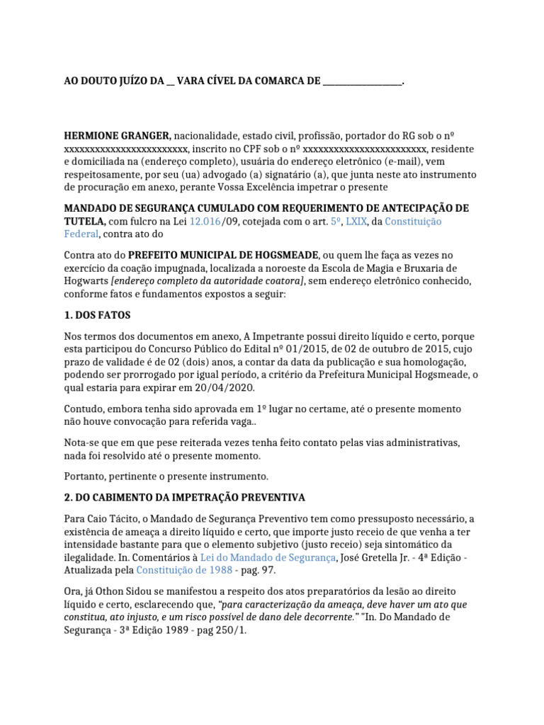 Modelo Mandado de Seguranca Preventivo Concurso Publico | PDF ...