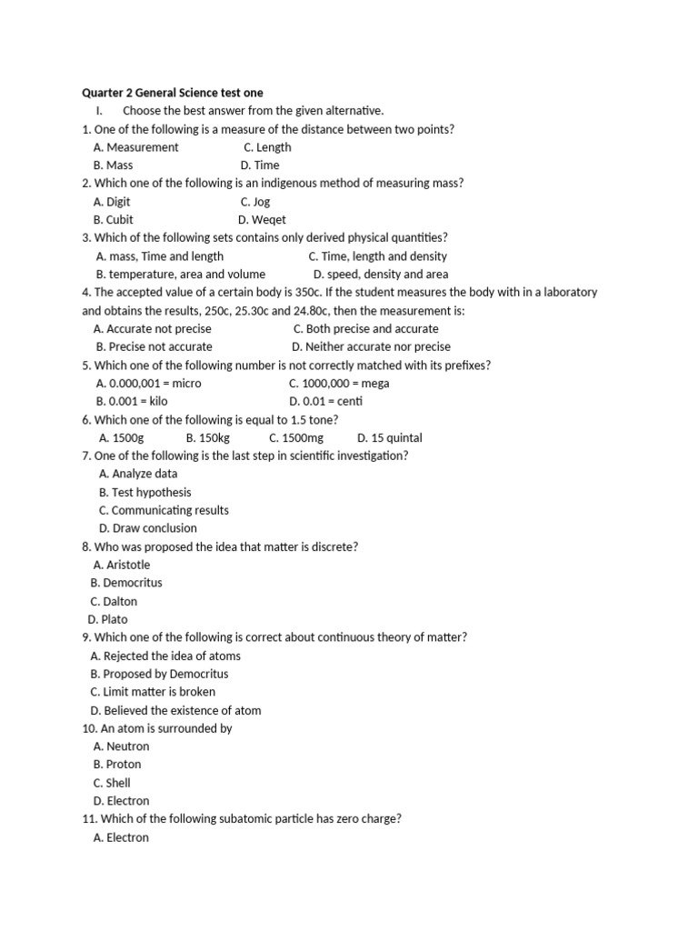 Quarter 2 General Science Test One | PDF | Muscle | Acid