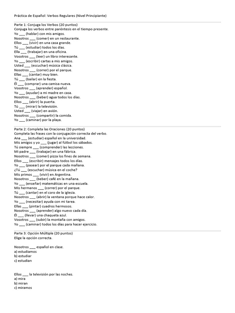 Práctica de Verbos Regulares Español. Nivel Principiante | PDF | Verbo