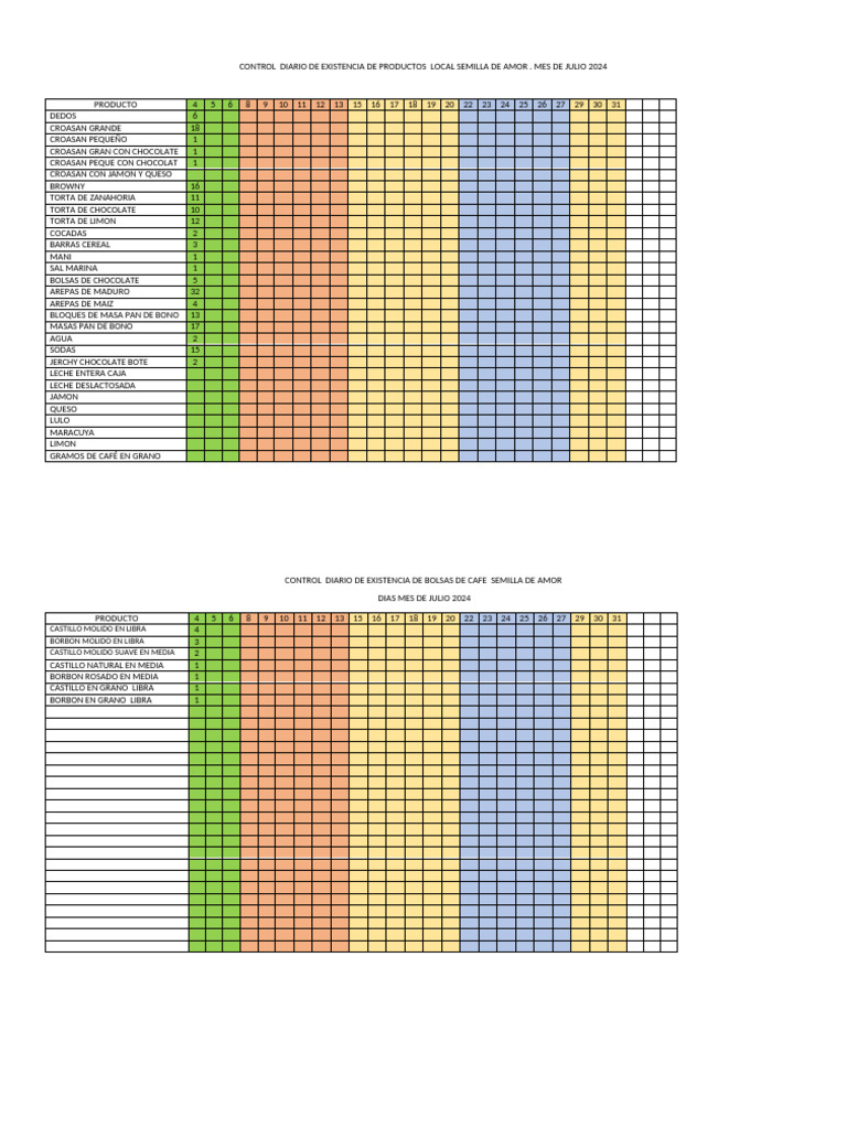 Control Diario de Existencia de Productos Local Semilla de Amor | PDF