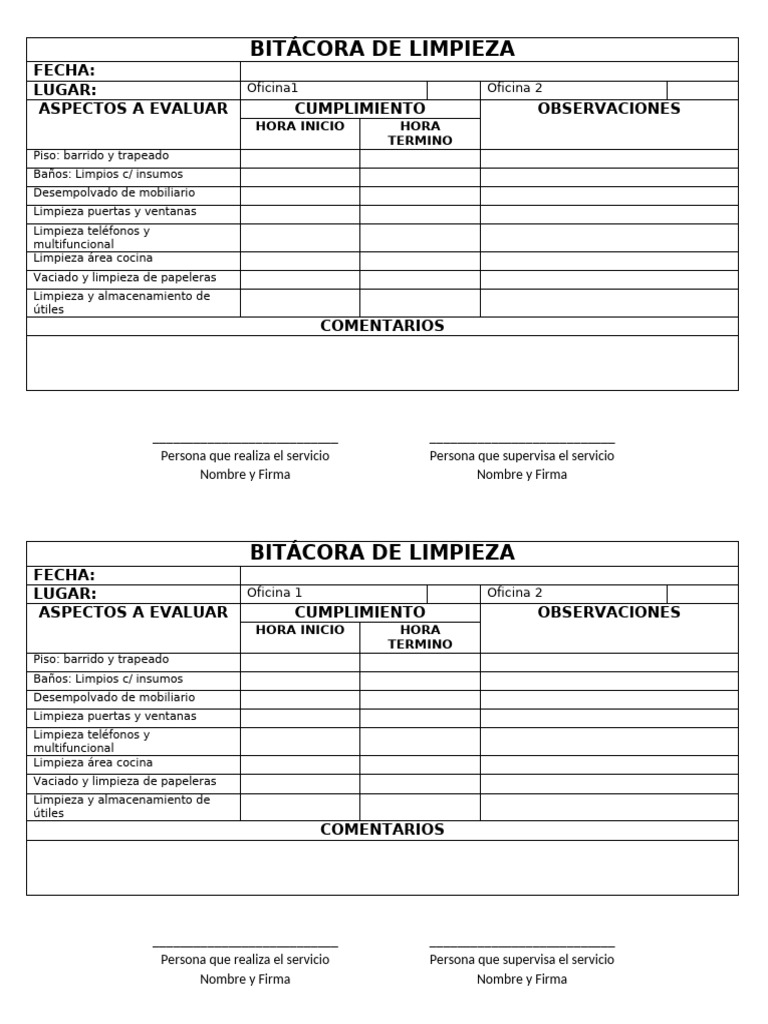 Bitacora de Limpieza | PDF