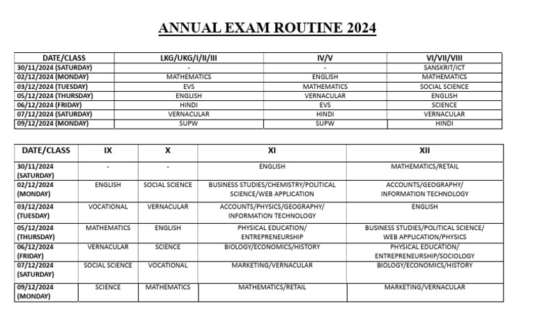 Annual Examination Routine 2024 | PDF