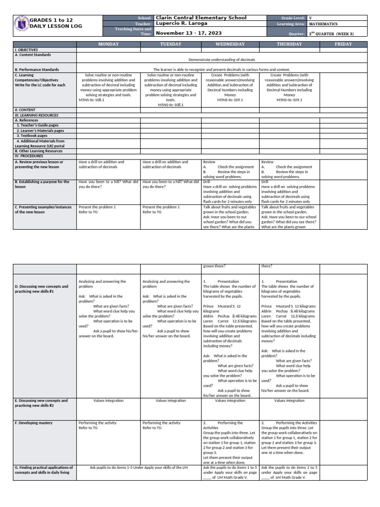 DLL - Mathematics 5 - Q2 - W3 | PDF | Learning | Subtraction