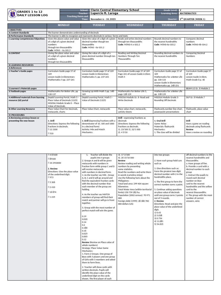 DLL - Mathematics 5 - Q2 - W1 | PDF | Numbers | Curriculum