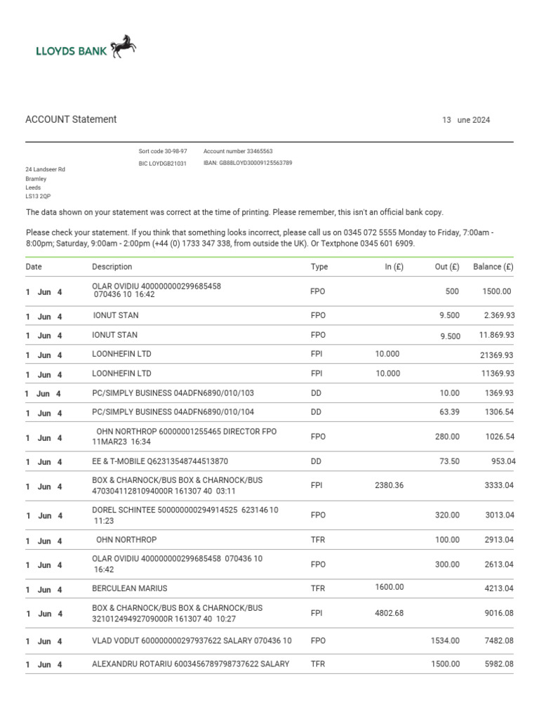 Business Bank Statement Lloyds Bank Bank 231213 200928 | PDF | Financial Regulation | Personal ...