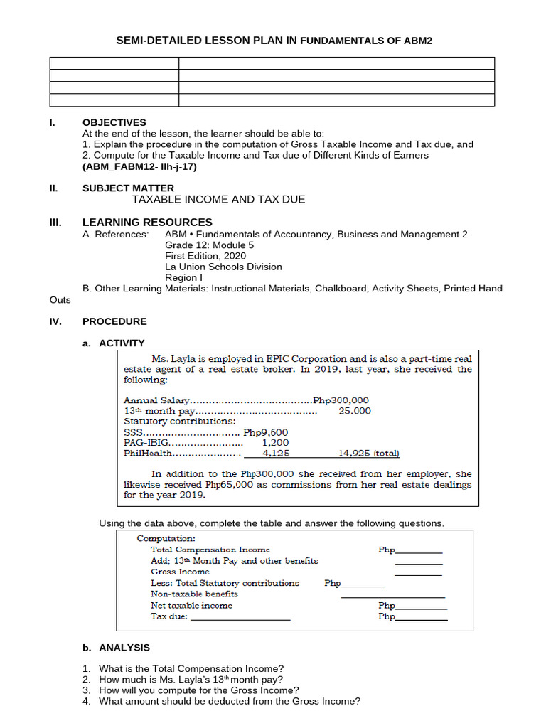 Taxable Income and Tax Due Lesson Plan | PDF
