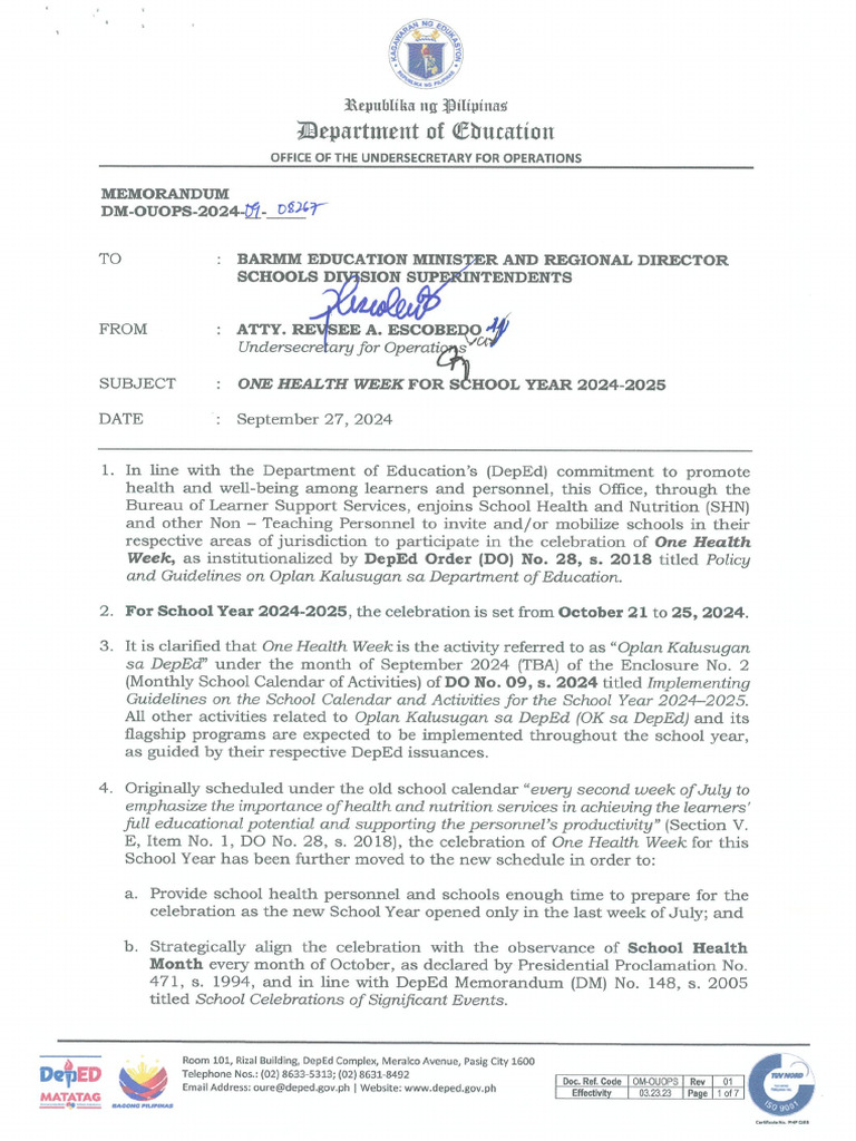 D3620 One Health Week For SY 2024 2025 - 241014 - 100705 | PDF