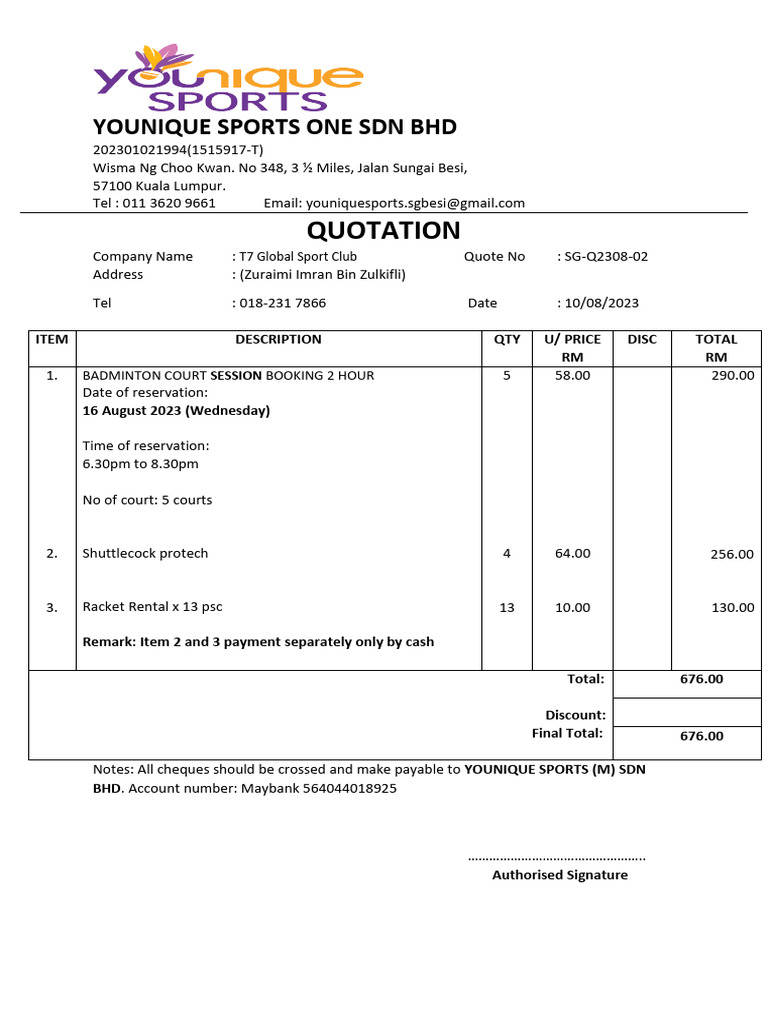 Badminton Court Booking Quotation | PDF