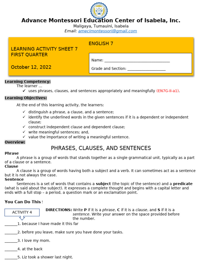 English-Quarter-1-7LAS | PDF | Clause | Sentence (Linguistics)