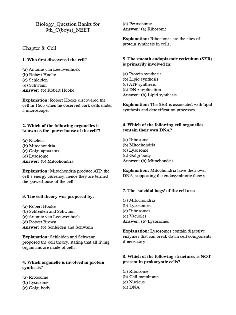 Biology - Question Banks For 9th - C (Boys) - NEET - PBT2 | PDF ...